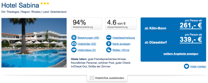 Griechische Insel Rhodos Hotel Sabina inkl. Flug für 261€
